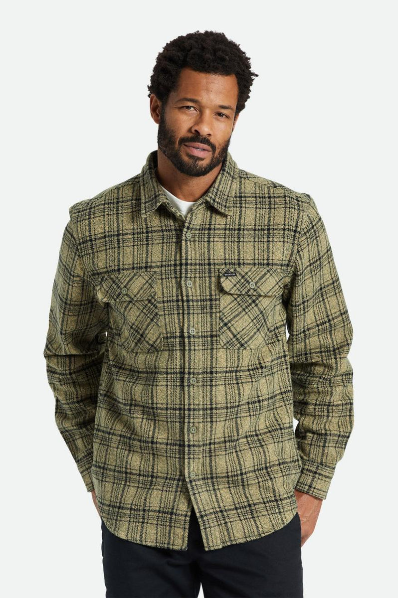 Bowery Heavy Weight L/S Flannel - Military Olive/Black – Brixton Australia